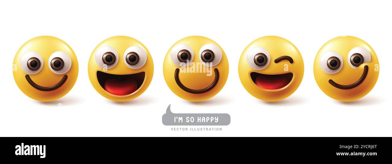Emoji happy emoticon characters vector set. Emojis emoticons in happy ...