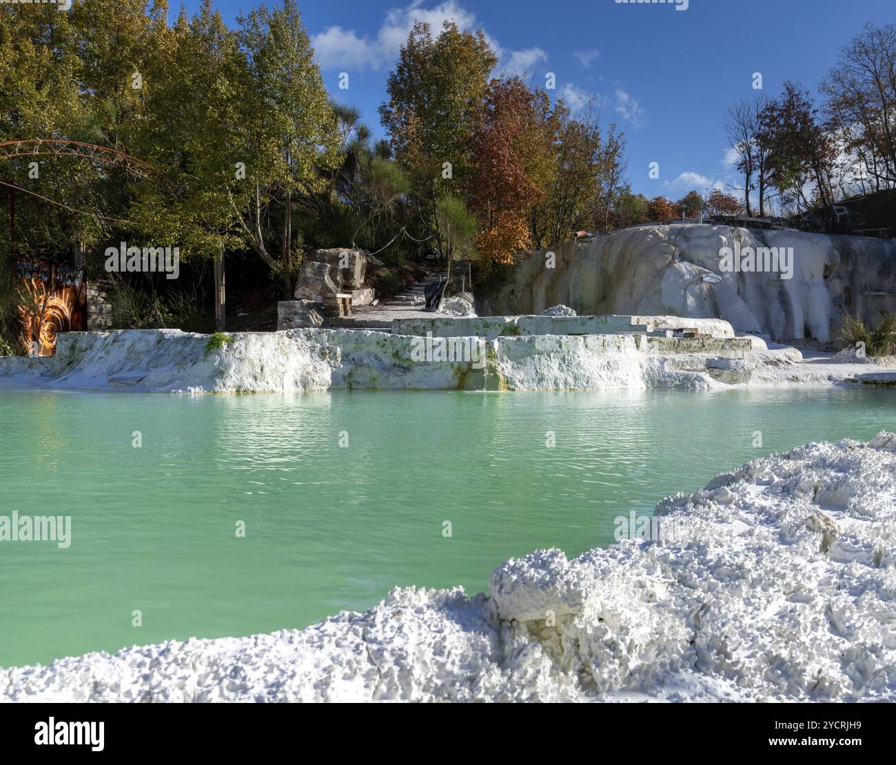 Scenic hot springs thermal baths with turquoise water under fall ...