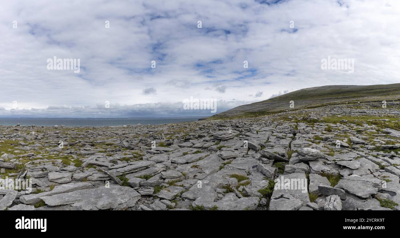 A panorama view of the glaciokarst coastal landscape of the Burren ...