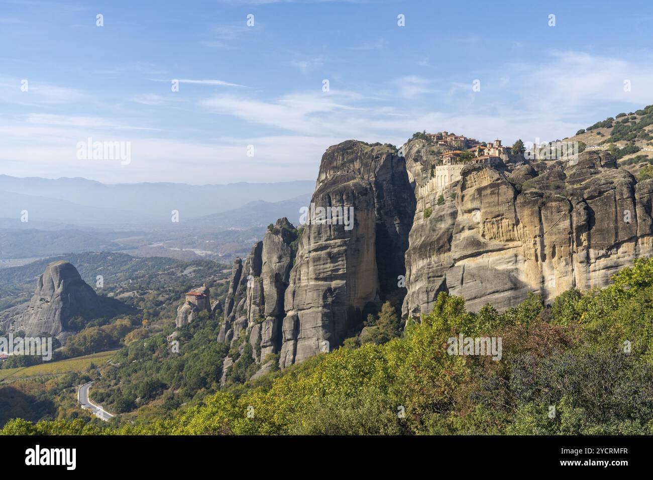 A landscape of the Meteora rock formations with the famous monasteries ...