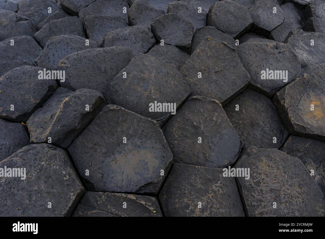 A close-up detail view of the volcanic hexagon basalt rock columns of ...