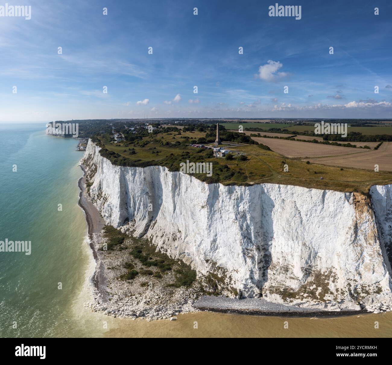Drone view of the White Cliffs of Dover and the Dover Patrol Monument ...