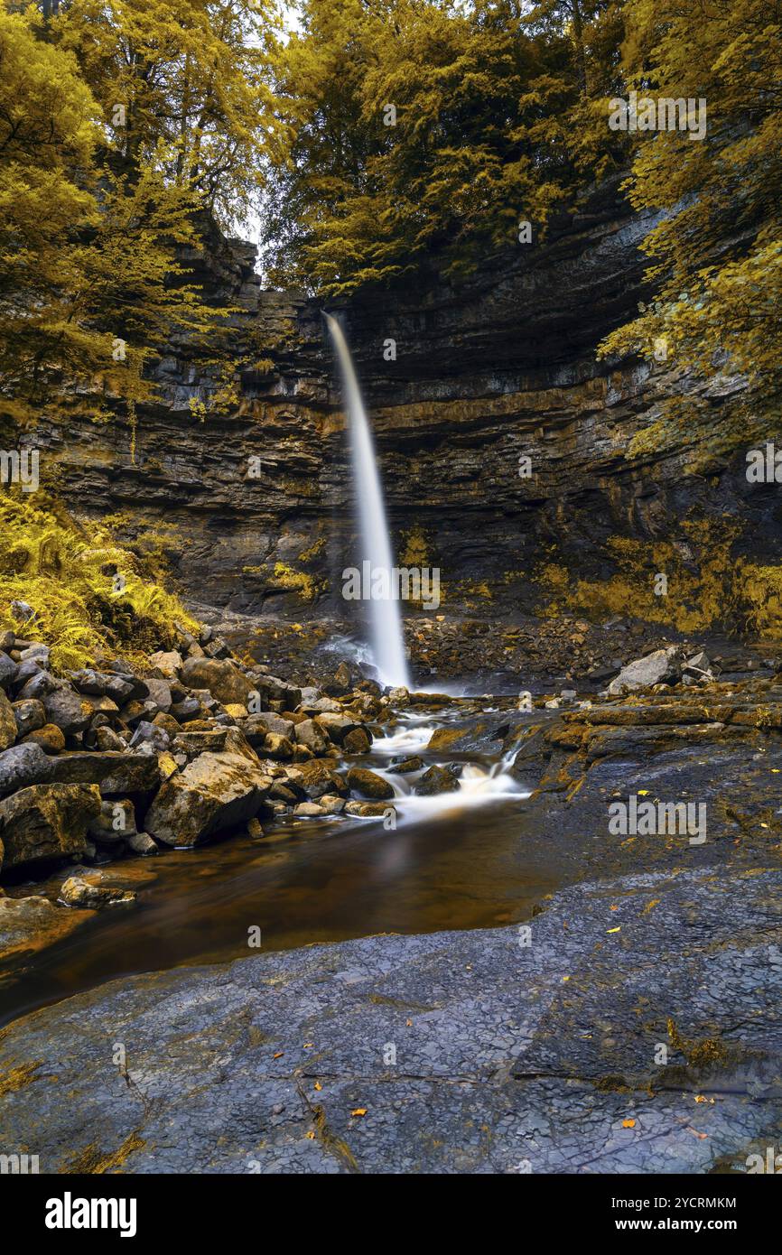 A vertical view of the Hardraw Force waterfall in the Yorkshire Dales ...