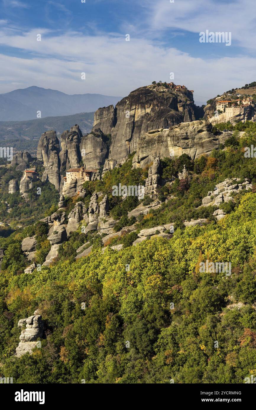 A vertical landscape view of the monasteries and rock formations of ...