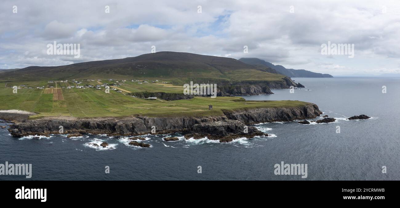 Aerial panorama view of the rugged coastline of County Donegal at Malin ...