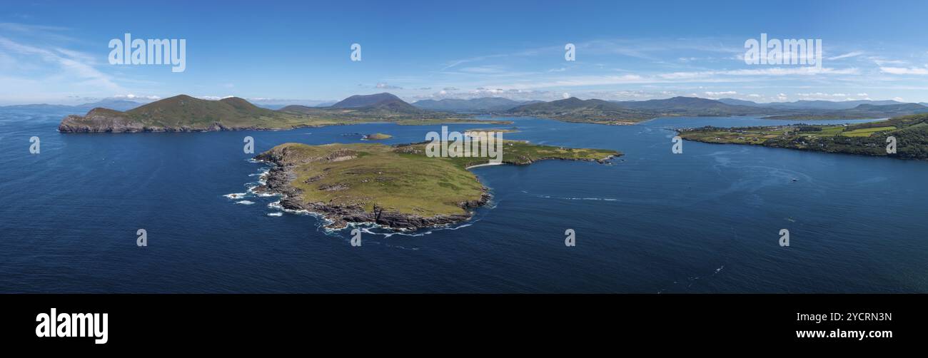 An aerial panorama of the coastal landscape of the Iveragh Peninsula ...