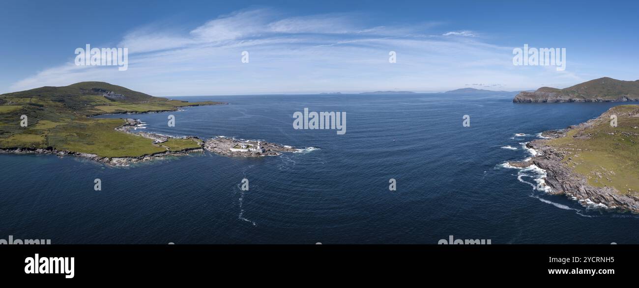 An aerial panorama of the coastal landscape of the Iveragh Peninsula ...