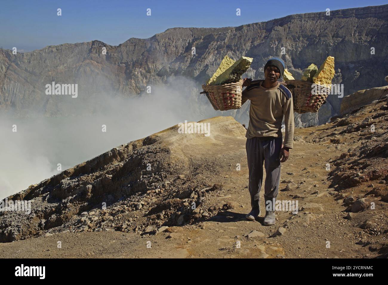 Asia, Indonesia, Java, Volcanoes in Bromo-Semeru National Park, Workers ...