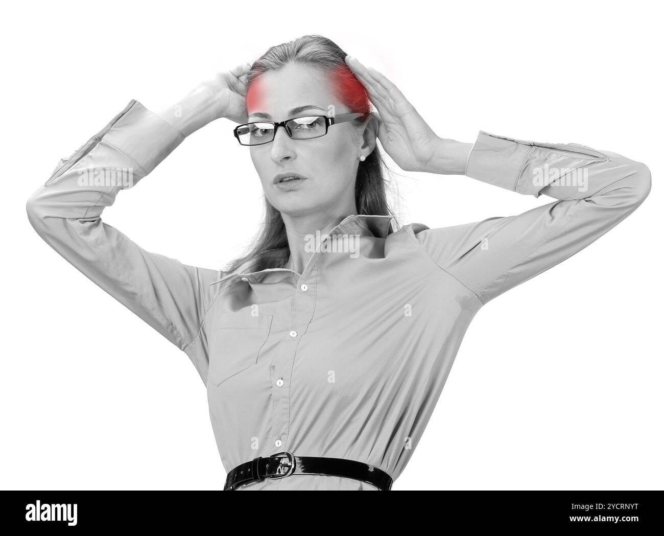 Woman holding head in hands hi-res stock photography and images - Alamy