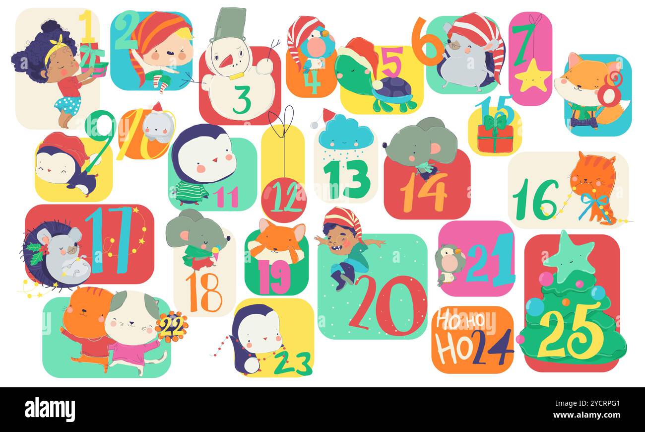 Cute Cartoon Advent Calendar with Funny Animals and Christmas Elements ...