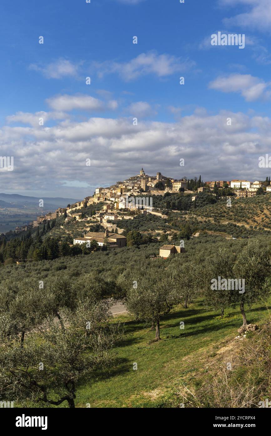 A view of the Italian hilltop village of Trevi in the Umbria Region ...