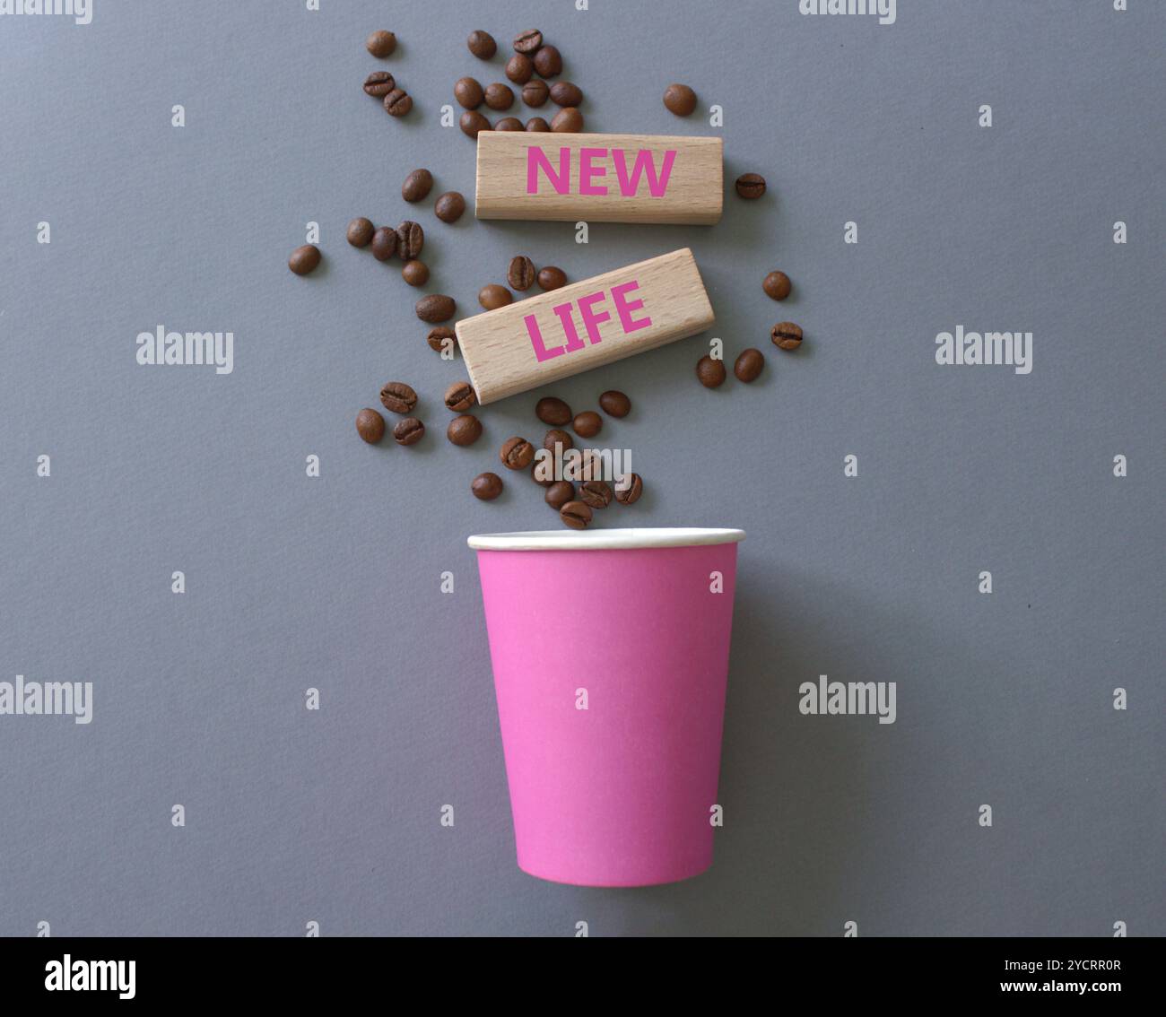 New life symbol. Concept word New life on wooden blocks. Beautiful grey ...