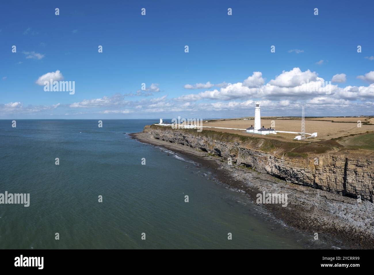 Aerial landscape view of the Nash Point Lighthouse and Monknash Coast ...