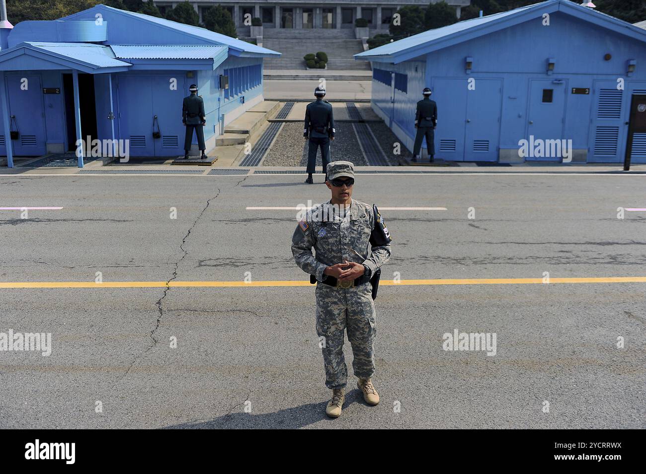 02.05.2013, Panmunjom, South Korea, Asia, A US Marine stands with South ...