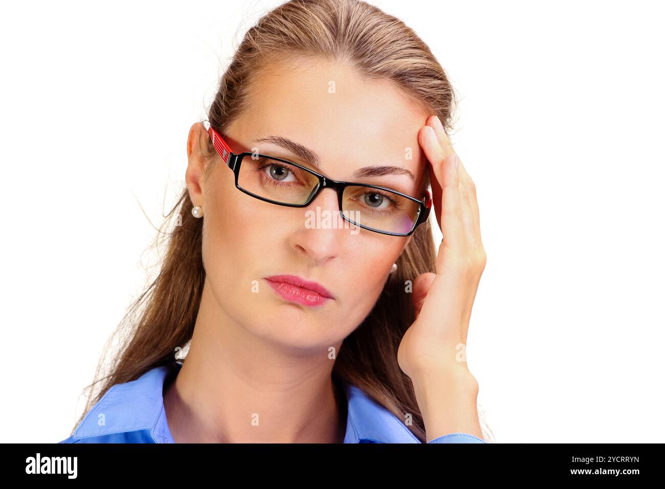 Mature business woman holding head in hands Stock Photo - Alamy