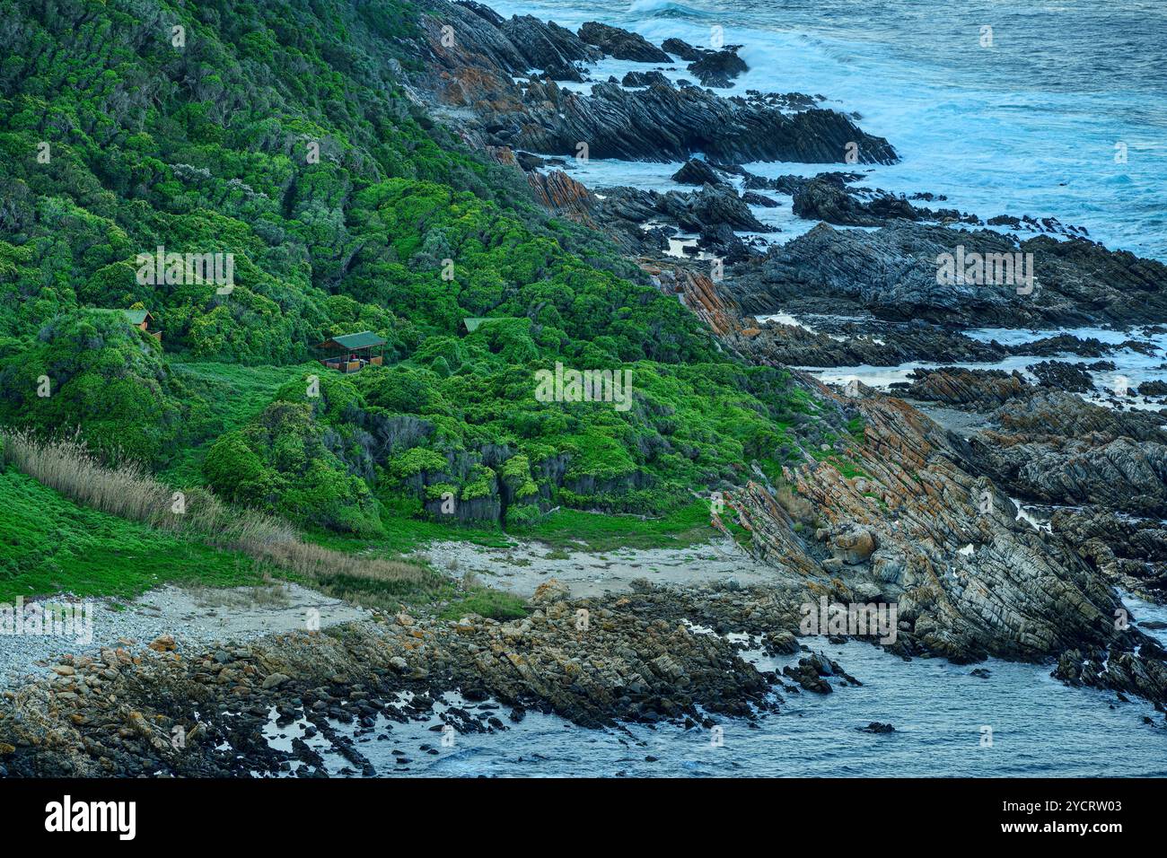 Low angle view of the coast and huts of Ngubu Hut, Otter Trail ...