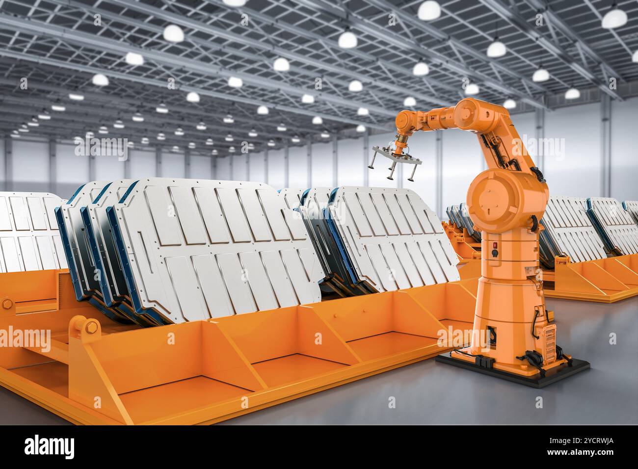 3d rendering robotic arm arrange batch of electric vehicle batteries or ...