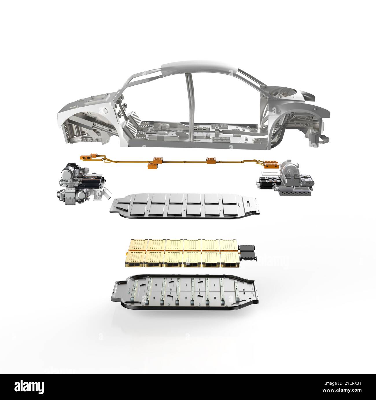 3d rendering explode view of golden electric vehicle battery with car ...