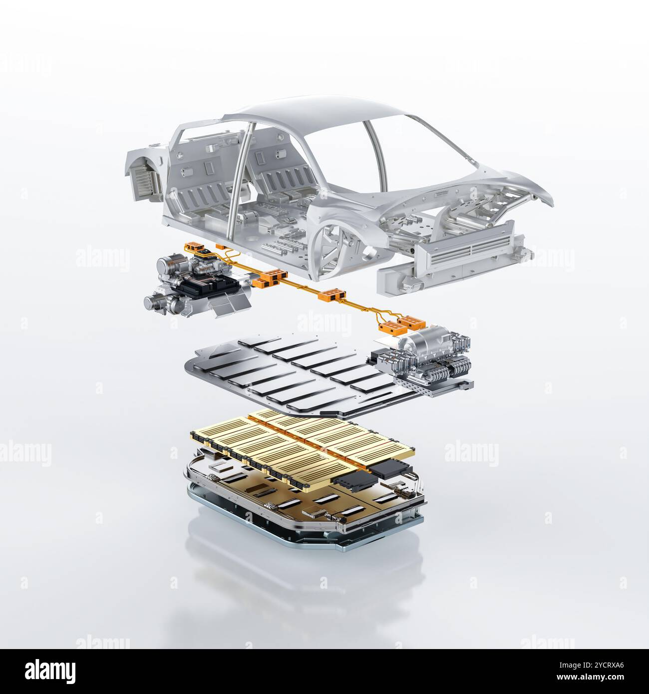 3d rendering explode view of golden electric vehicle battery with car ...