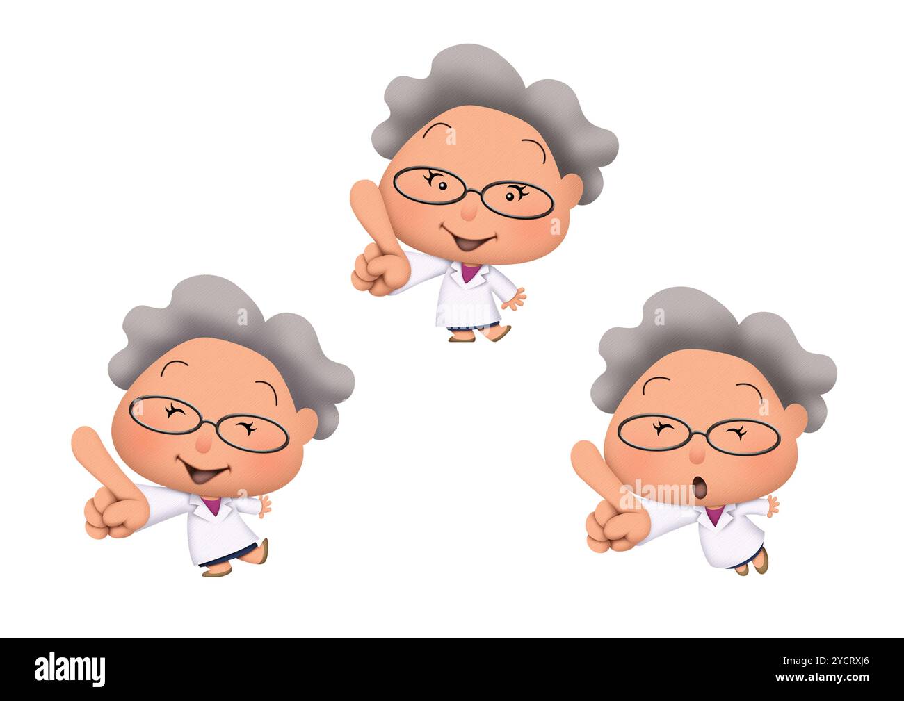 Smiling female science doctor in white coat in pose with index finger ...