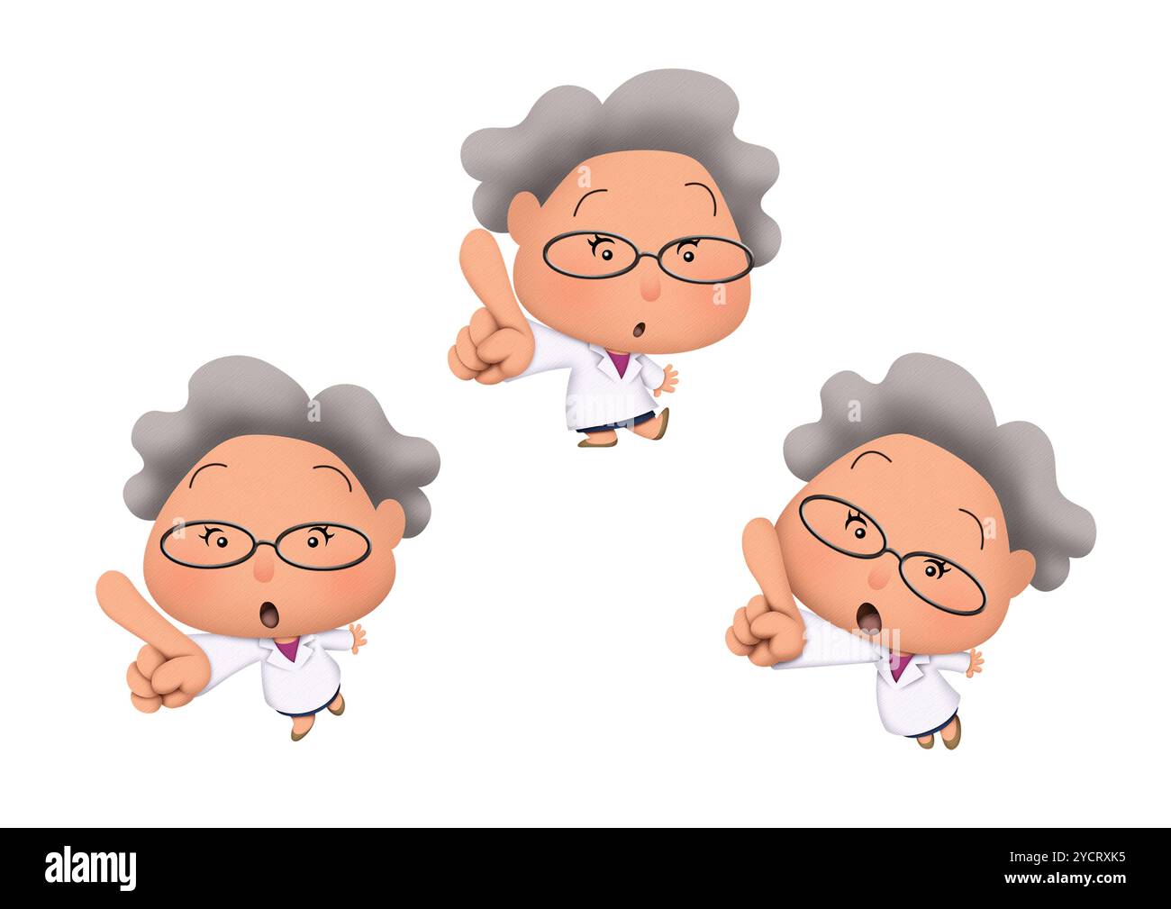 Female science doctorate in white coat in pose with index finger raised ...