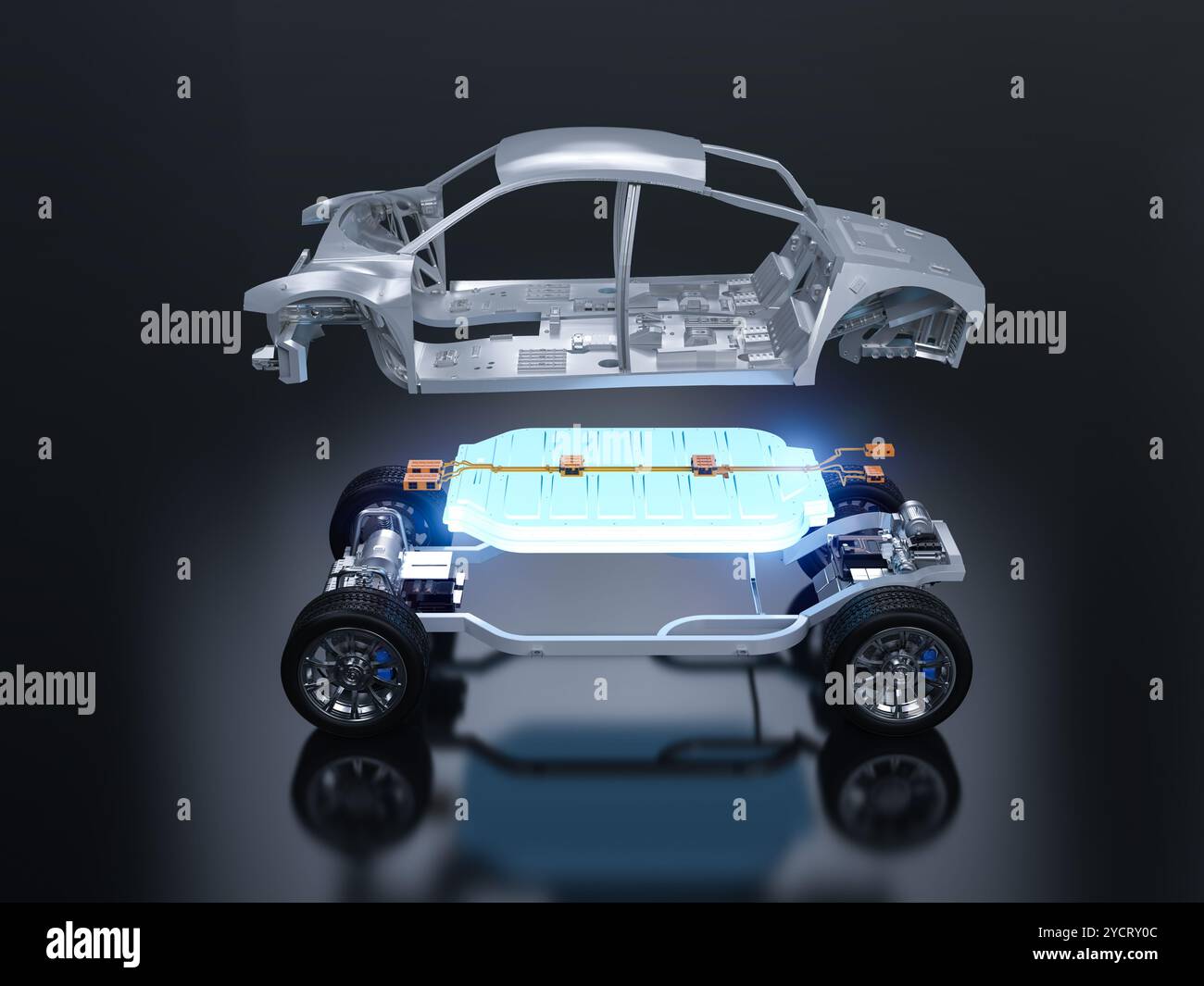 3d rendering explode view of glowing electric vehicle battery with car ...
