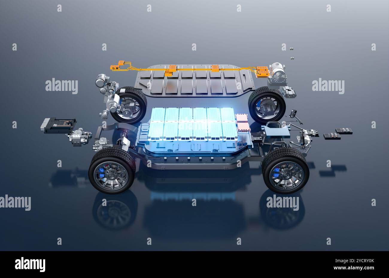 3d rendering explode view of ev car with glowing battery element and ...