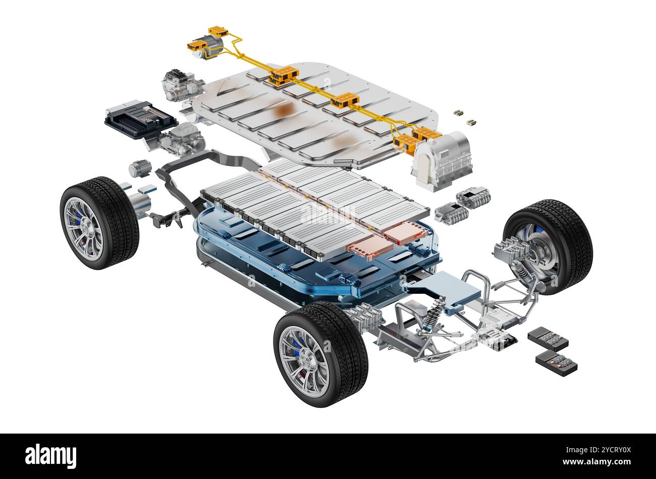3d rendering explode view of ev car with battery element and ...
