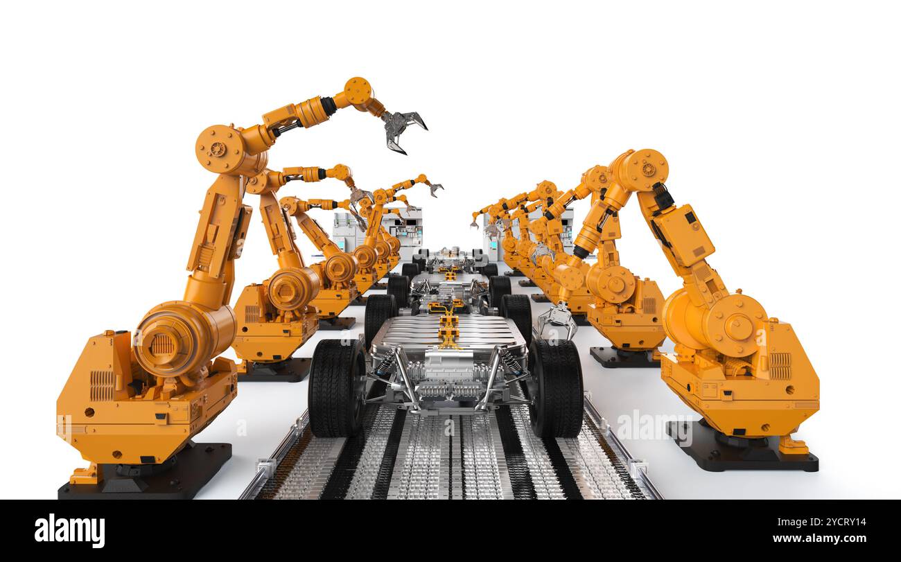 Automation automobile factory concept with 3d rendering robot assembly ...