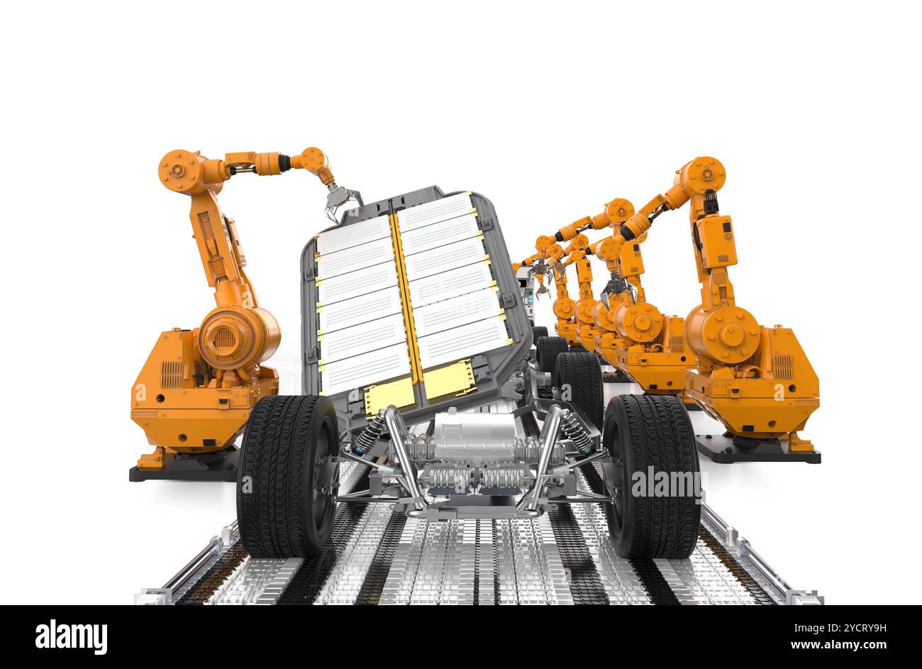 Automation automobile factory concept with 3d rendering robot assembly ...