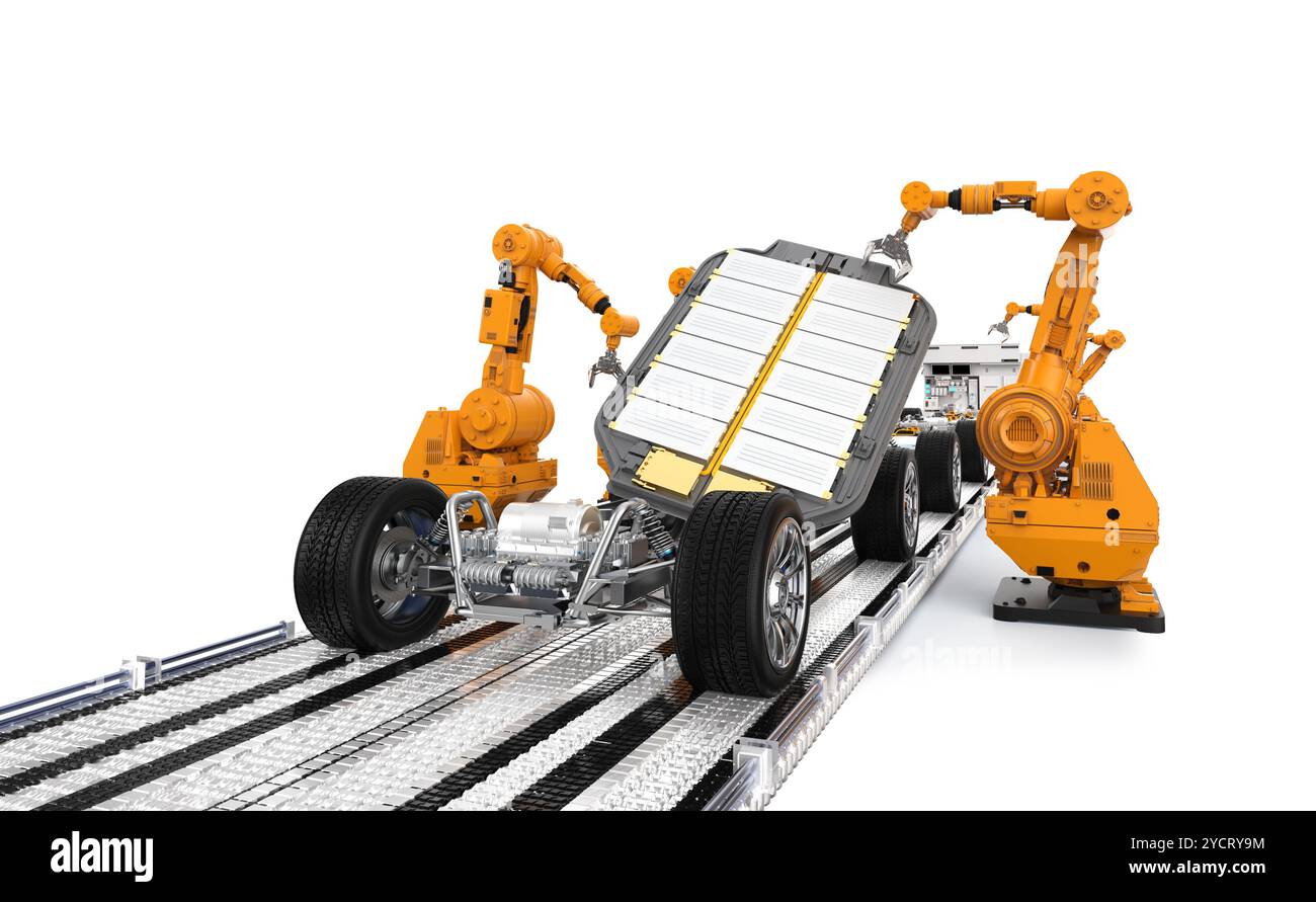 Automation automobile factory concept with 3d rendering robot assembly ...