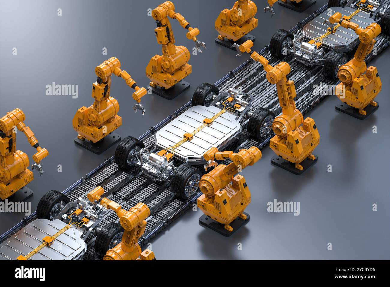 Automation automobile factory concept with 3d rendering robot assembly line with electric car ...