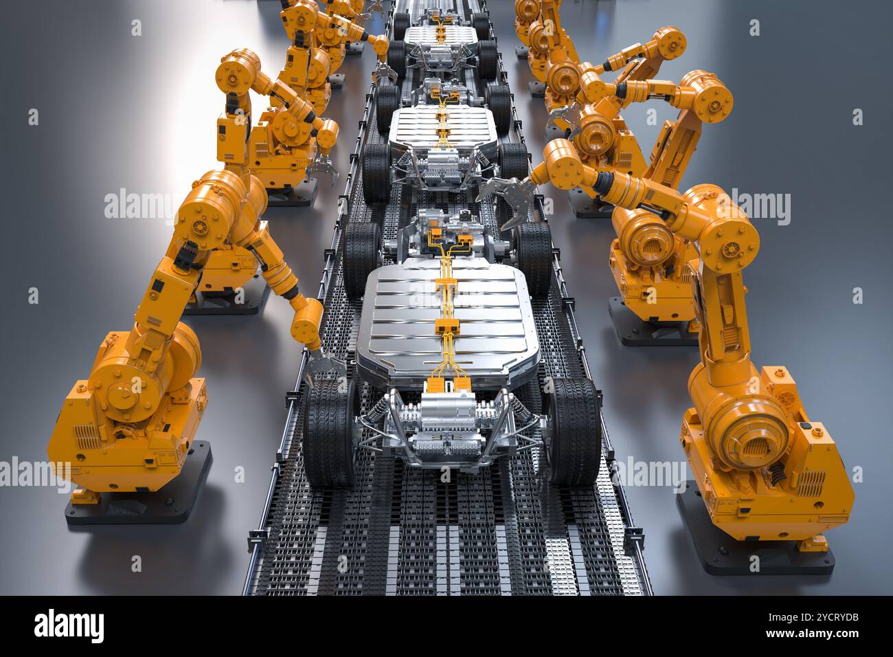 Automation automobile factory concept with 3d rendering robot assembly line with electric car ...