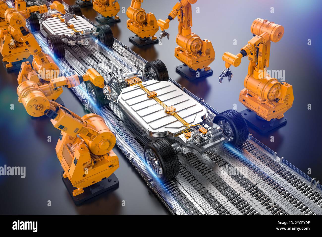 Automation automobile factory concept with 3d rendering robot assembly line with electric car ...