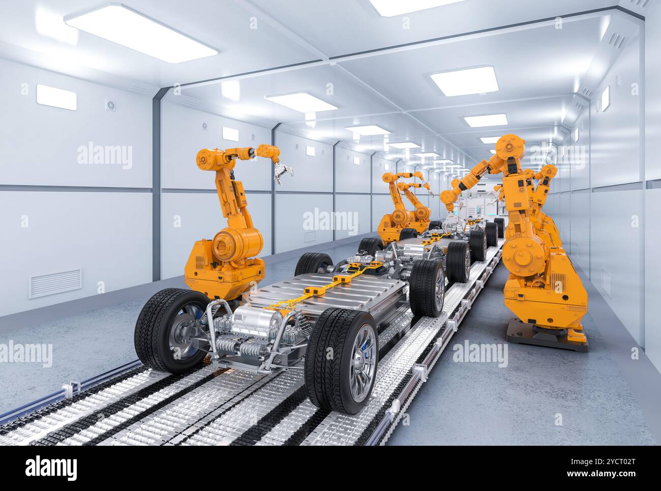 Automation automobile factory concept with 3d rendering robot assembly line with electric car ...