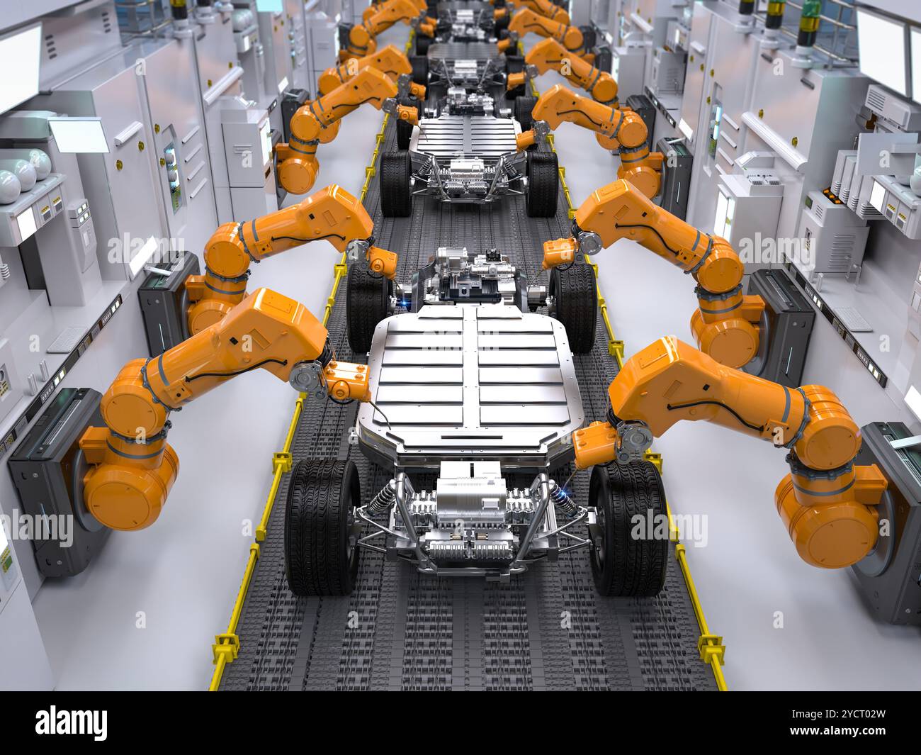 Automation automobile factory concept with 3d rendering robot assembly ...