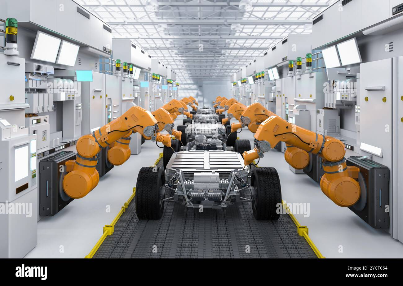 Automation automobile factory concept with 3d rendering robot assembly line with electric car ...
