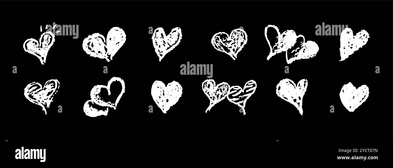 Set of white hearts signs drawn by wax pencil. Love symbols in doodle ...