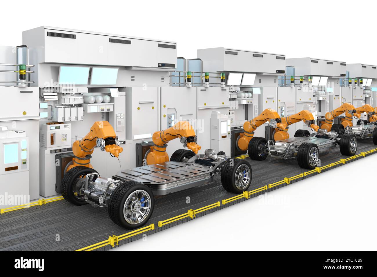 Automation Automobile Factory Concept With 3d Rendering Robot Assembly Line With Electric Car
