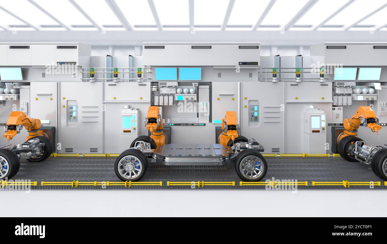 Automation automobile factory concept with 3d rendering robot assembly line with electric car ...