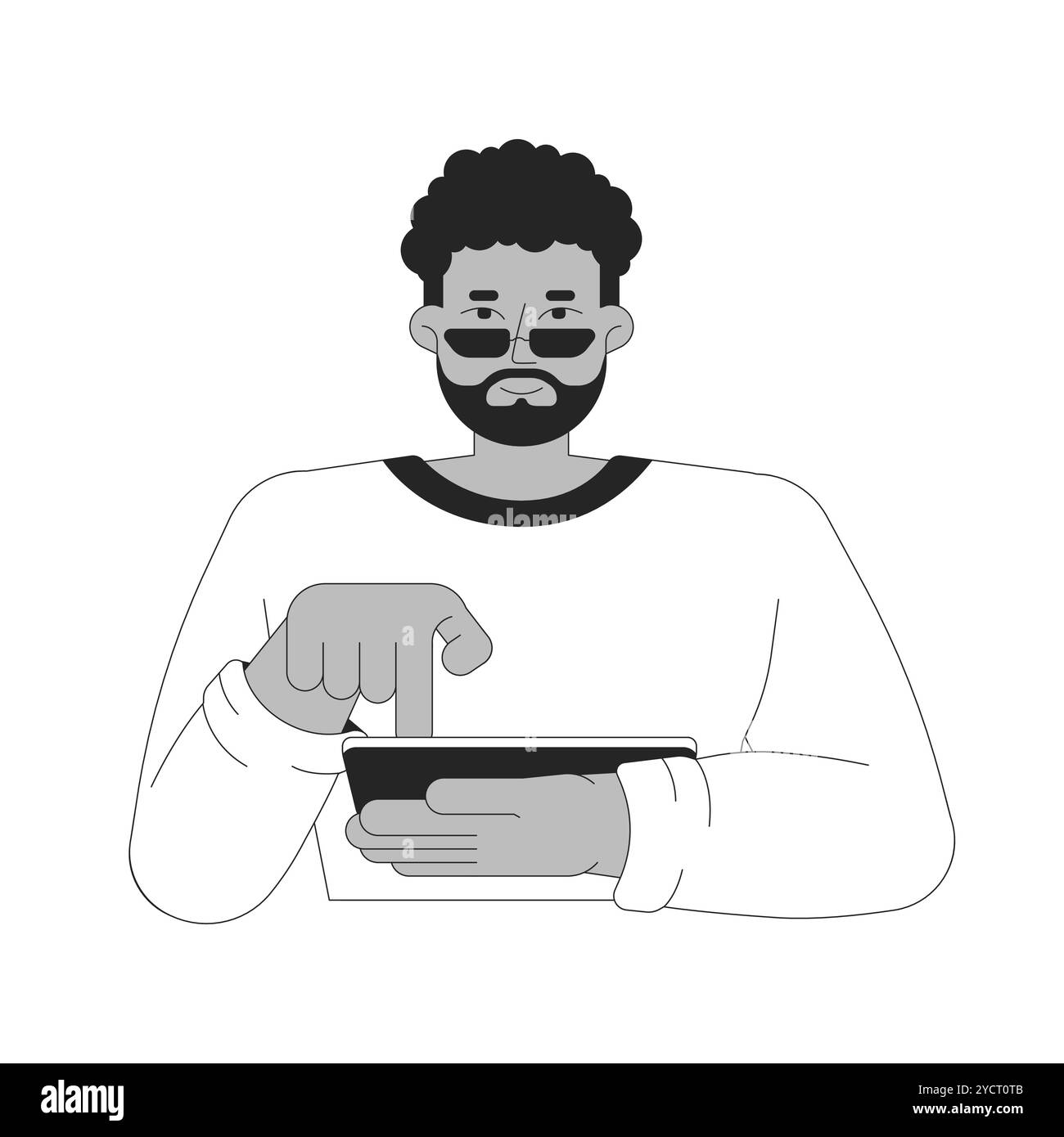 African american bearded man typing tablet touch screen black and white 2D line character Stock ...