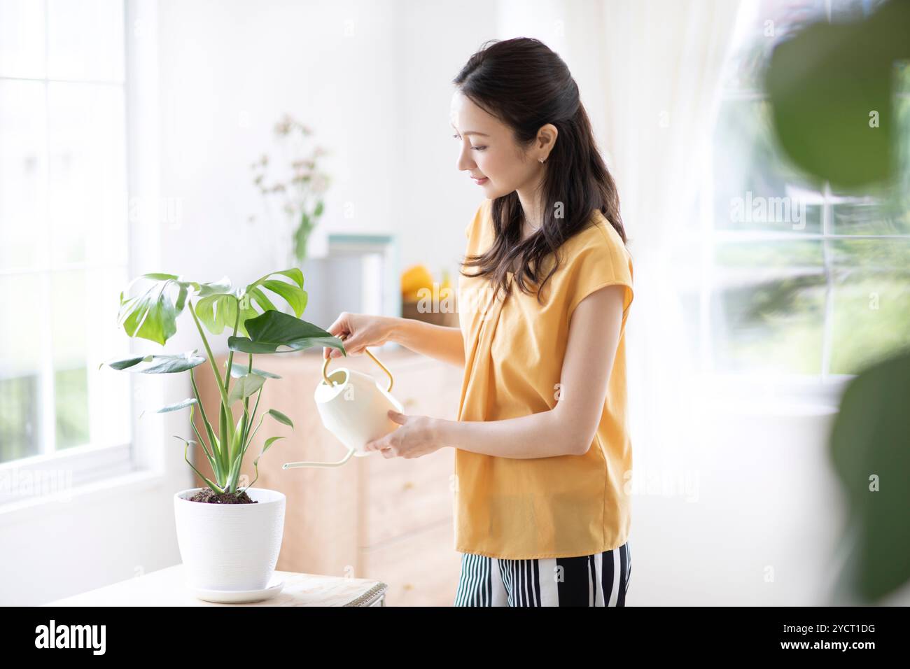 Woman watering plants Stock Photo - Alamy