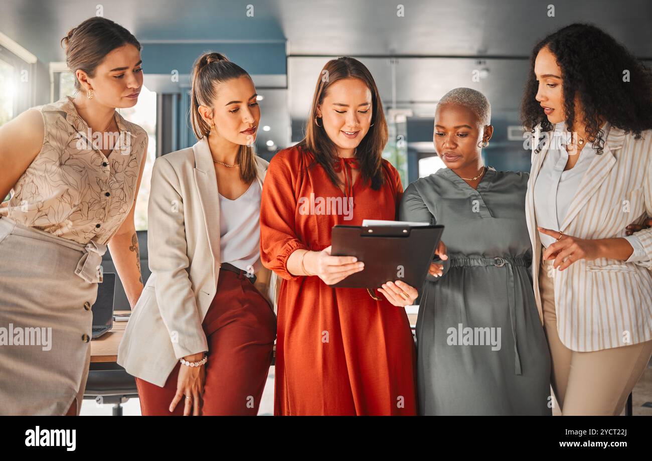 Tablet, fashion designer and team with business people in office for ...