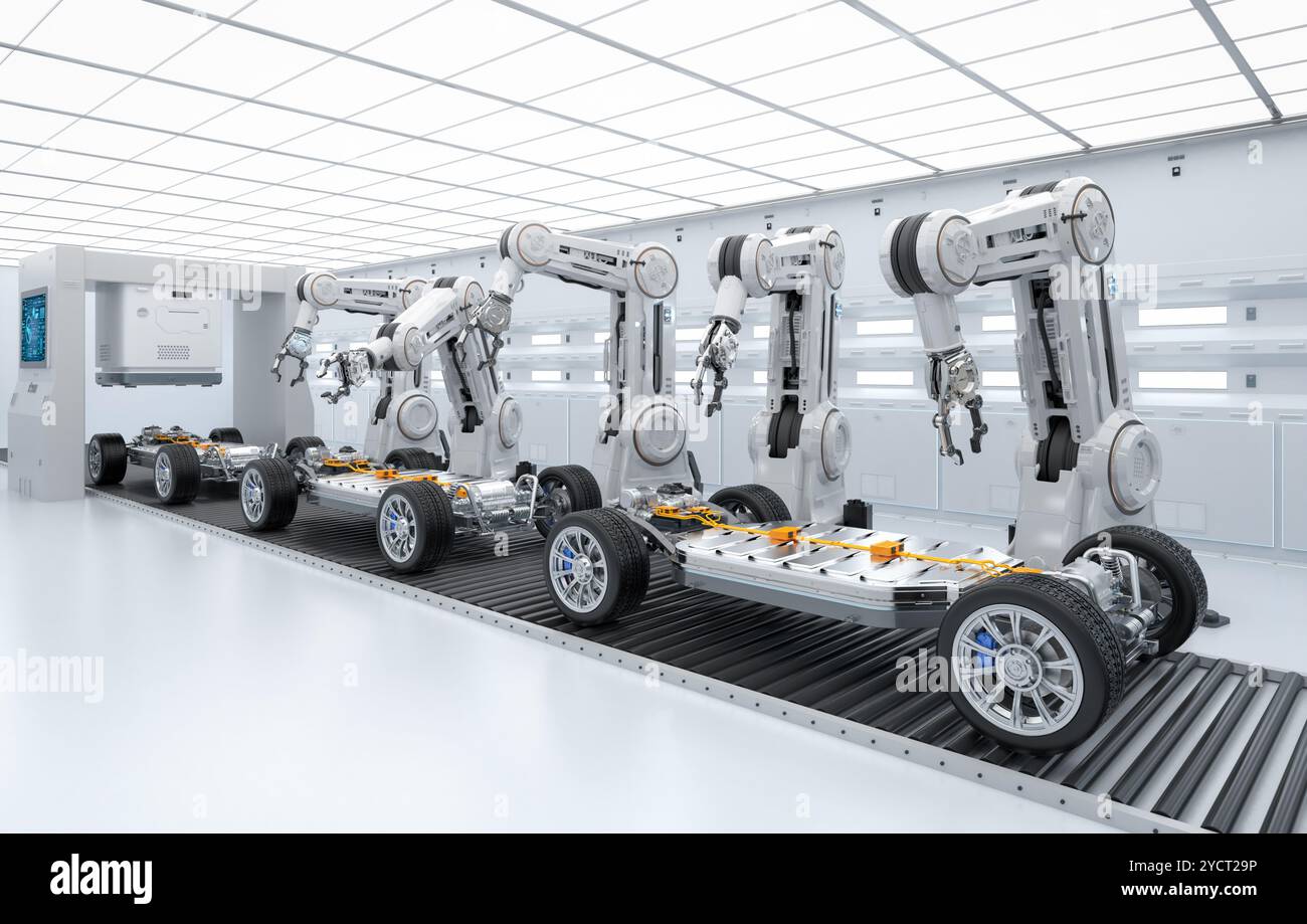 Automation automobile factory concept with 3d rendering robot assembly line with electric car ...