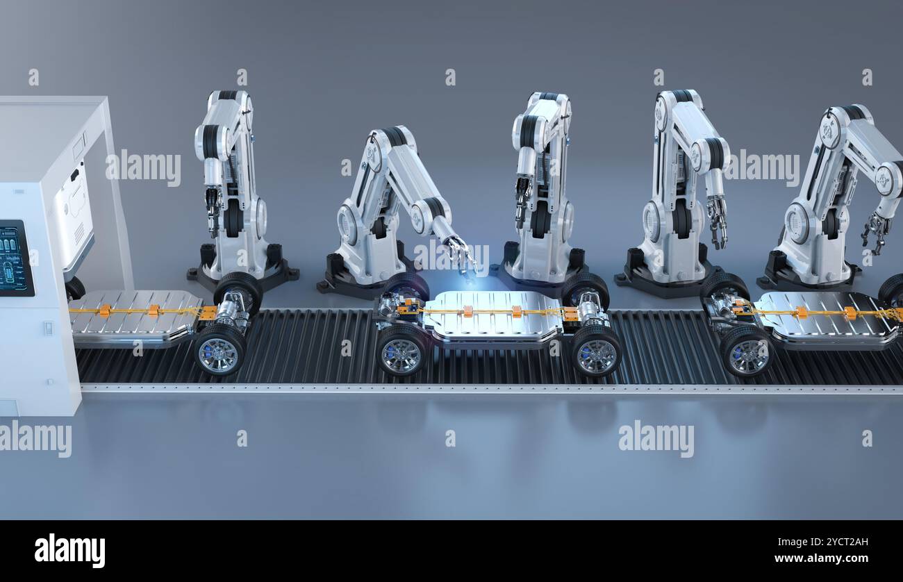 Automation Automobile Factory Concept With 3d Rendering Robot Assembly Line With Electric Car