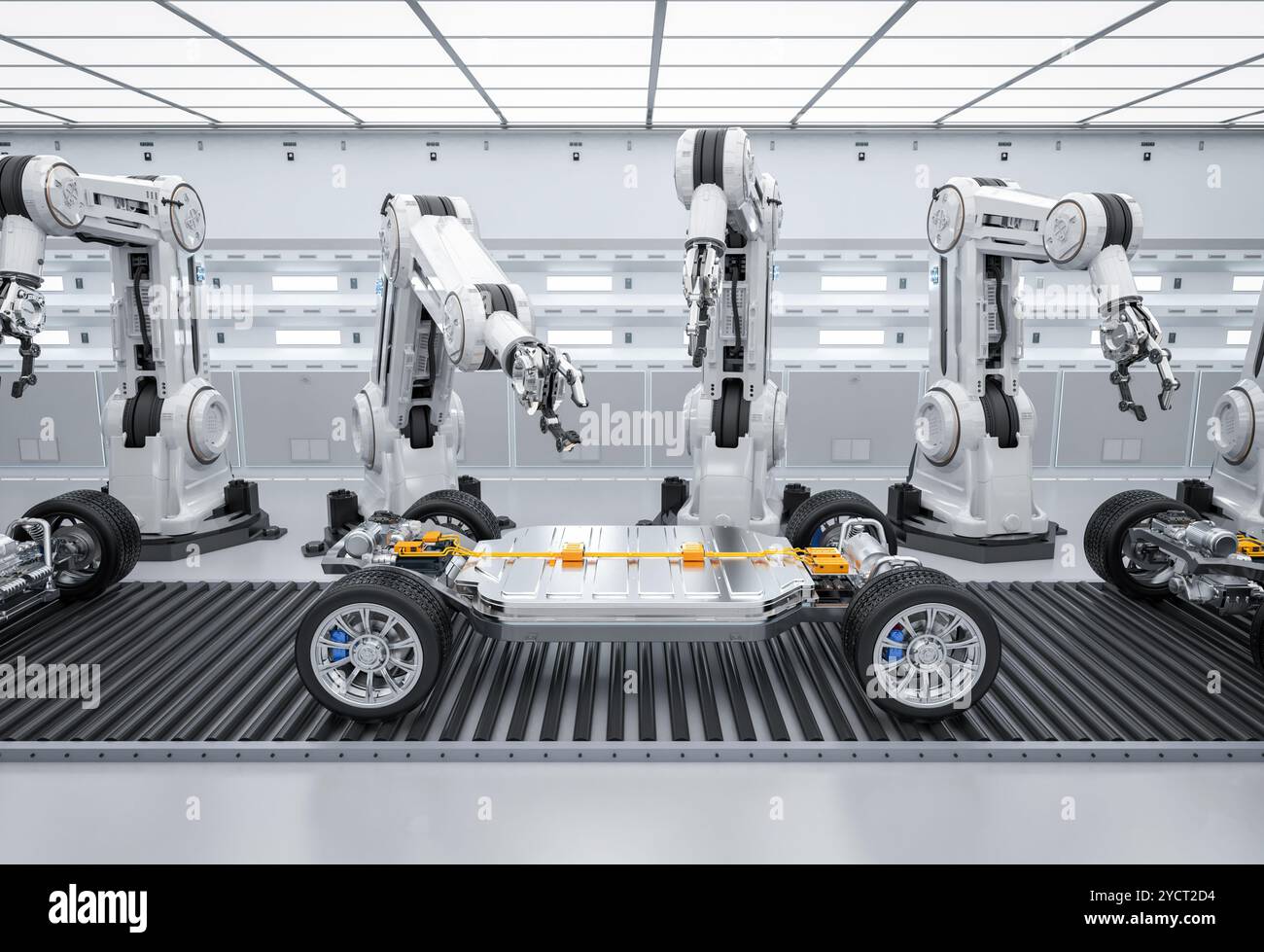 Automation automobile factory concept with 3d rendering robot assembly line with electric car ...