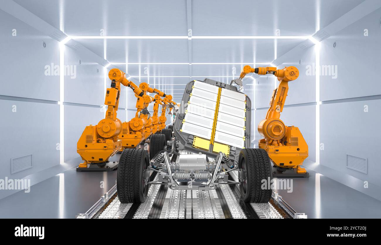 Automation automobile factory concept with 3d rendering robot assembly line with electric car ...
