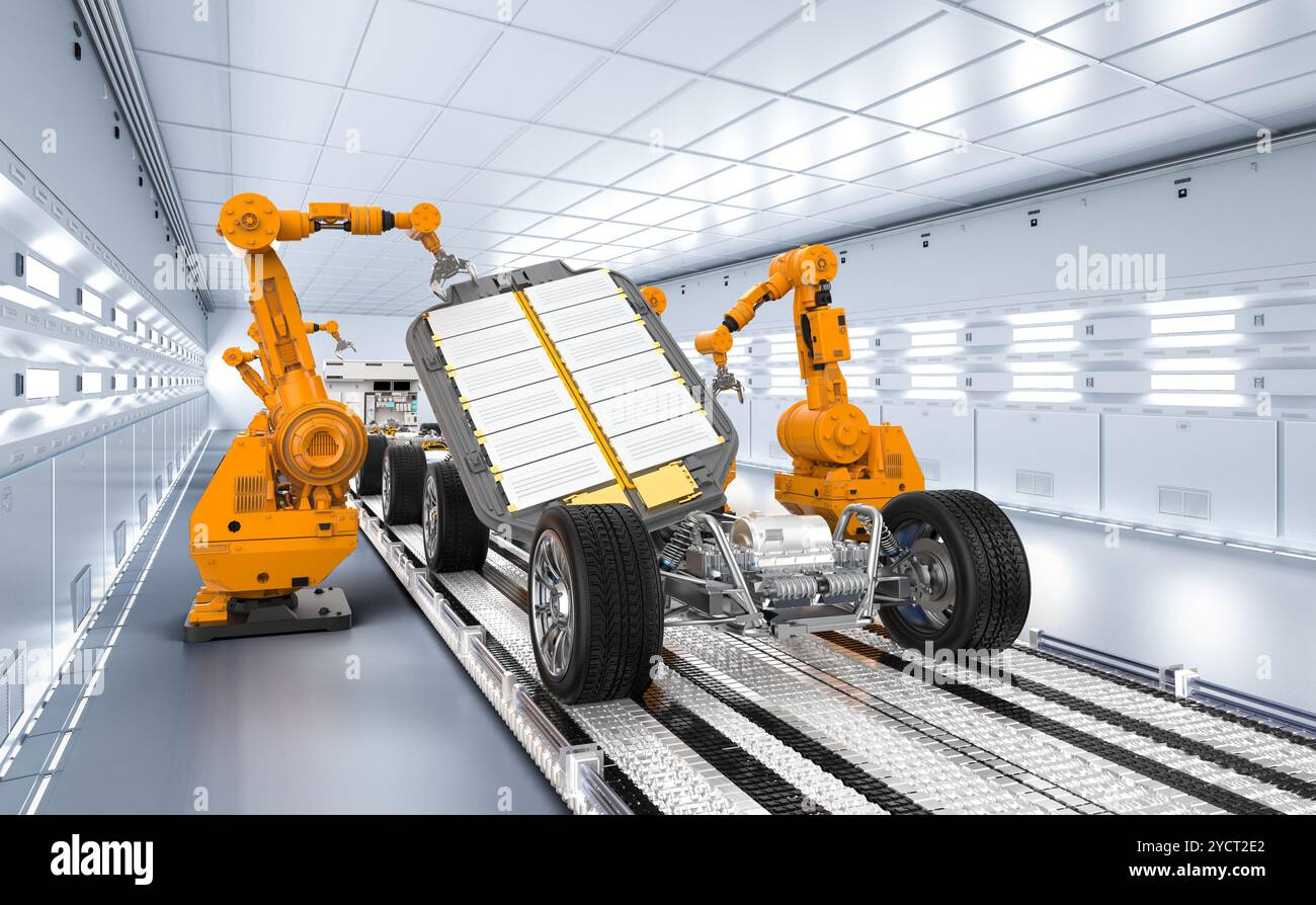 Automation automobile factory concept with 3d rendering robot assembly line with electric car ...