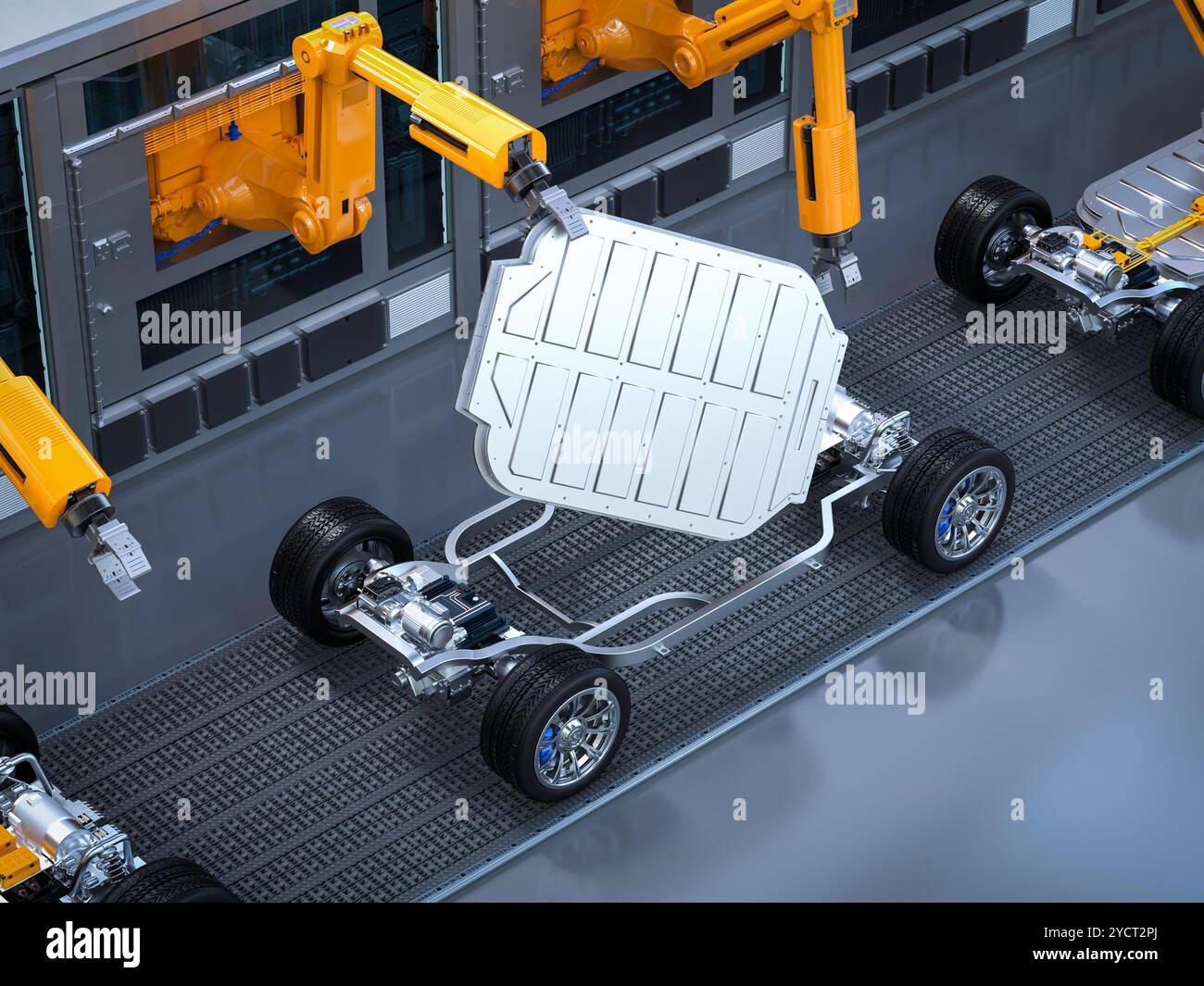 Automation automobile factory concept with 3d rendering robot assembly line with electric car ...