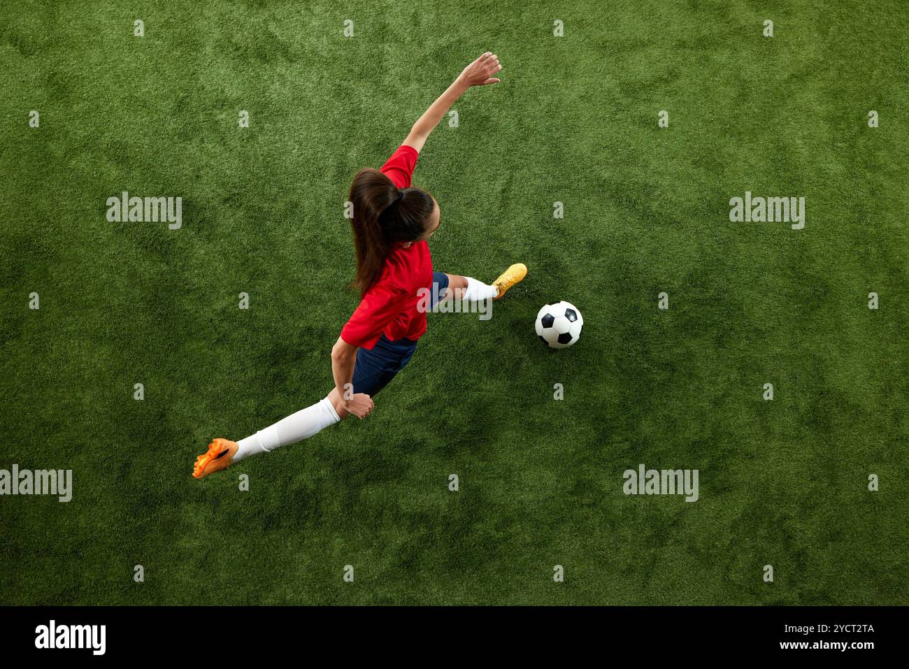 Top view photo of young sporty woman, football athlete preparing to ...